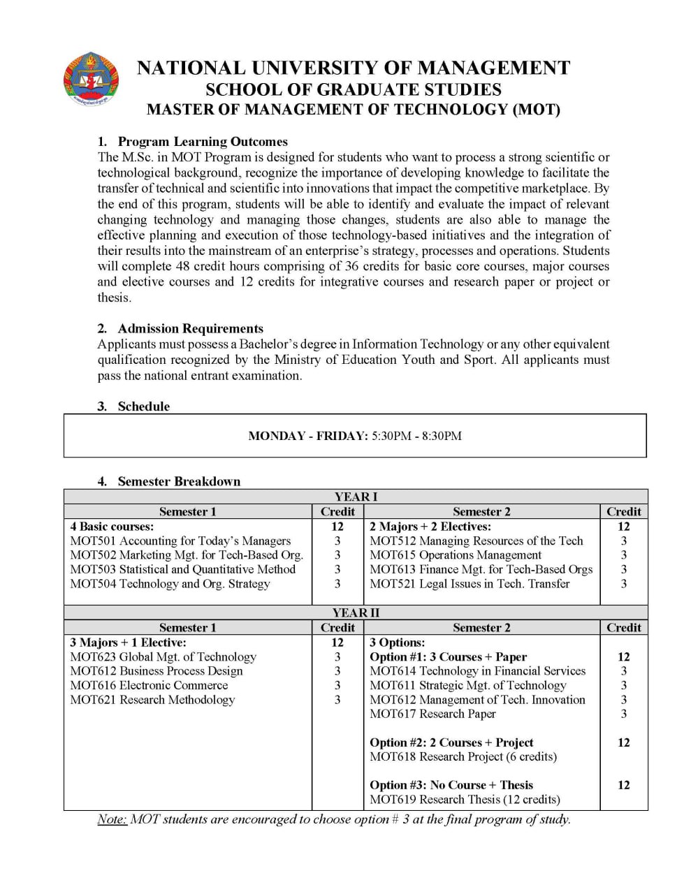 Master of Management of Technology (MOT) – School of Graduate Studies