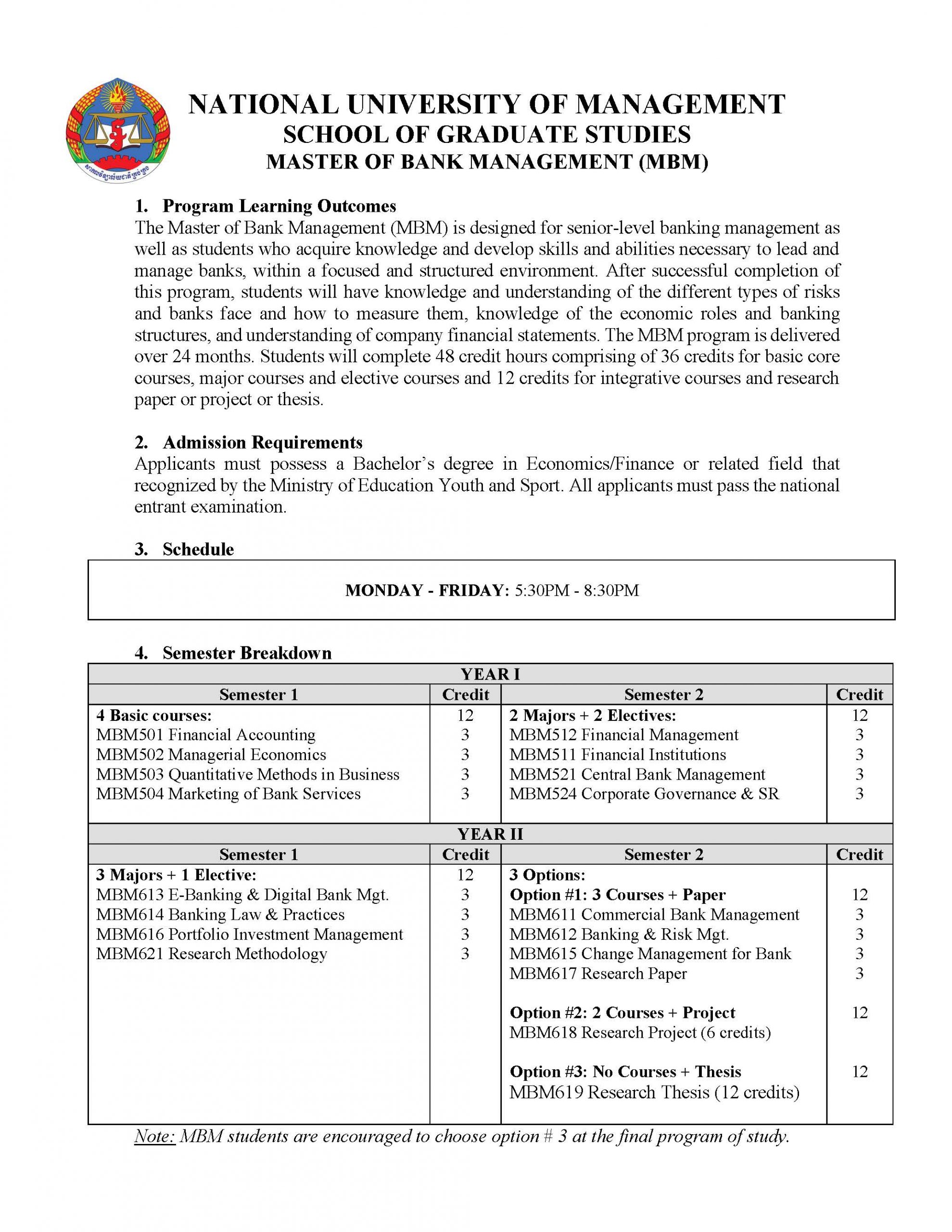 Master of Bank Management (MBM) – School of Graduate Studies