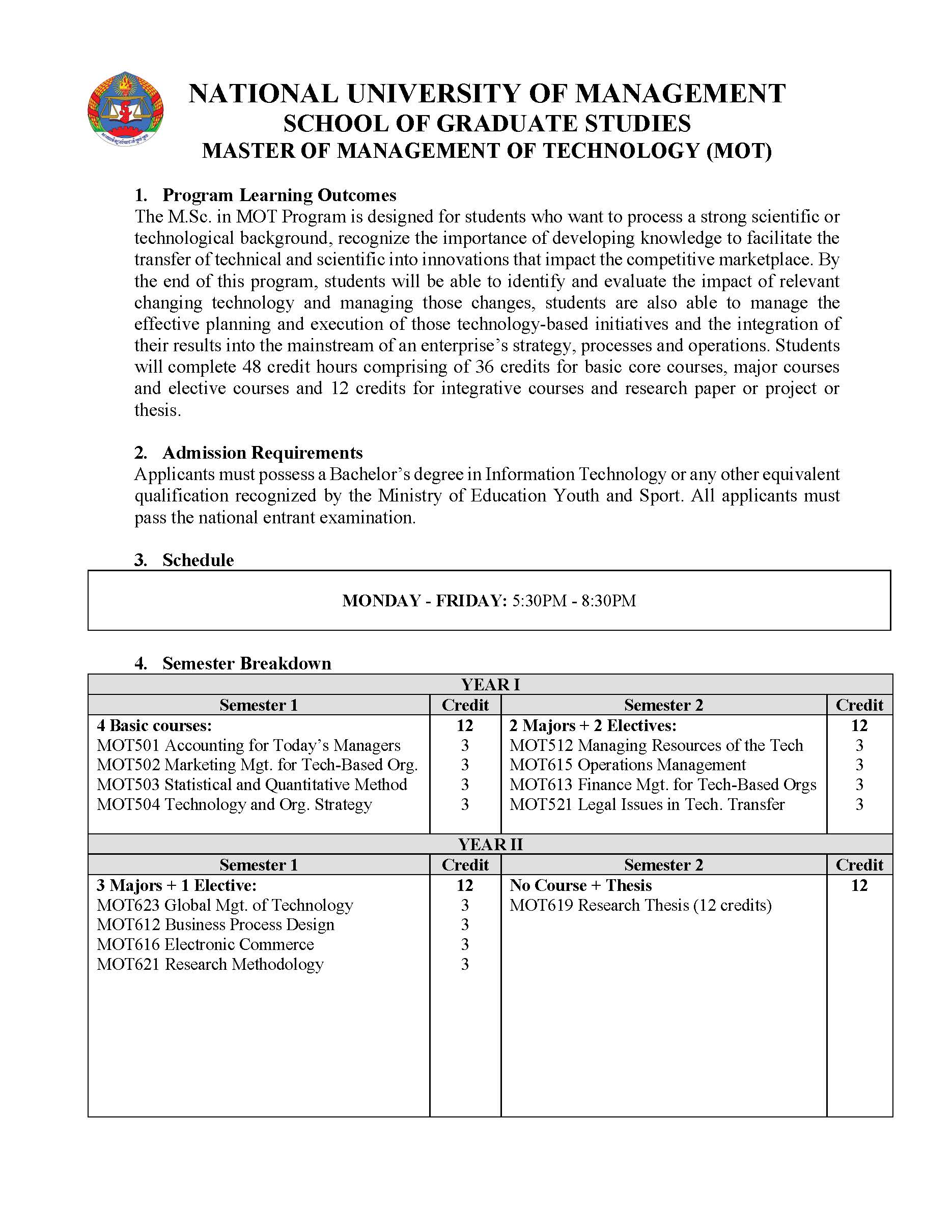 Master of Management of Technology (MOT) – School of Graduate Studies